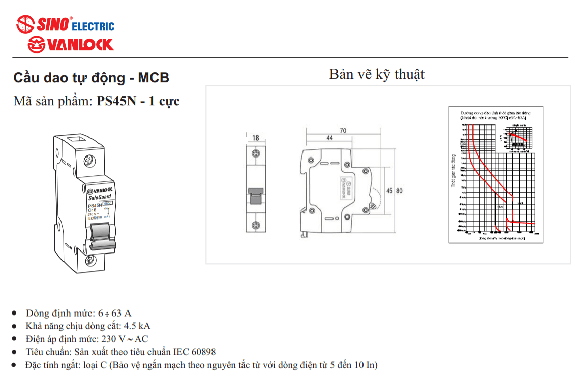 Cầu dao tự động PS45N - 1 cực SINO